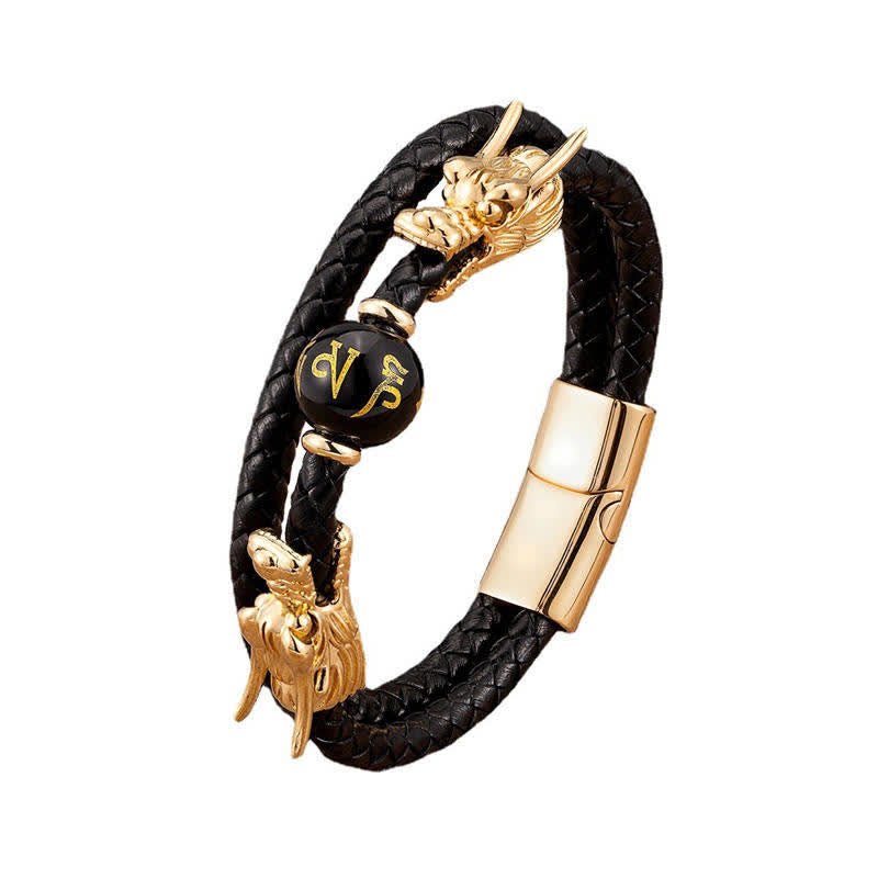Mythstone Double Dragon Head Leather Stone Titanium Steel Success ...