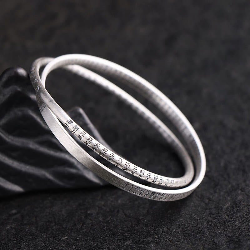 Mythstone 999 Sterling Silver Heart Sutra Carved Protection Bracelet Bangle - mythstoneshop.com